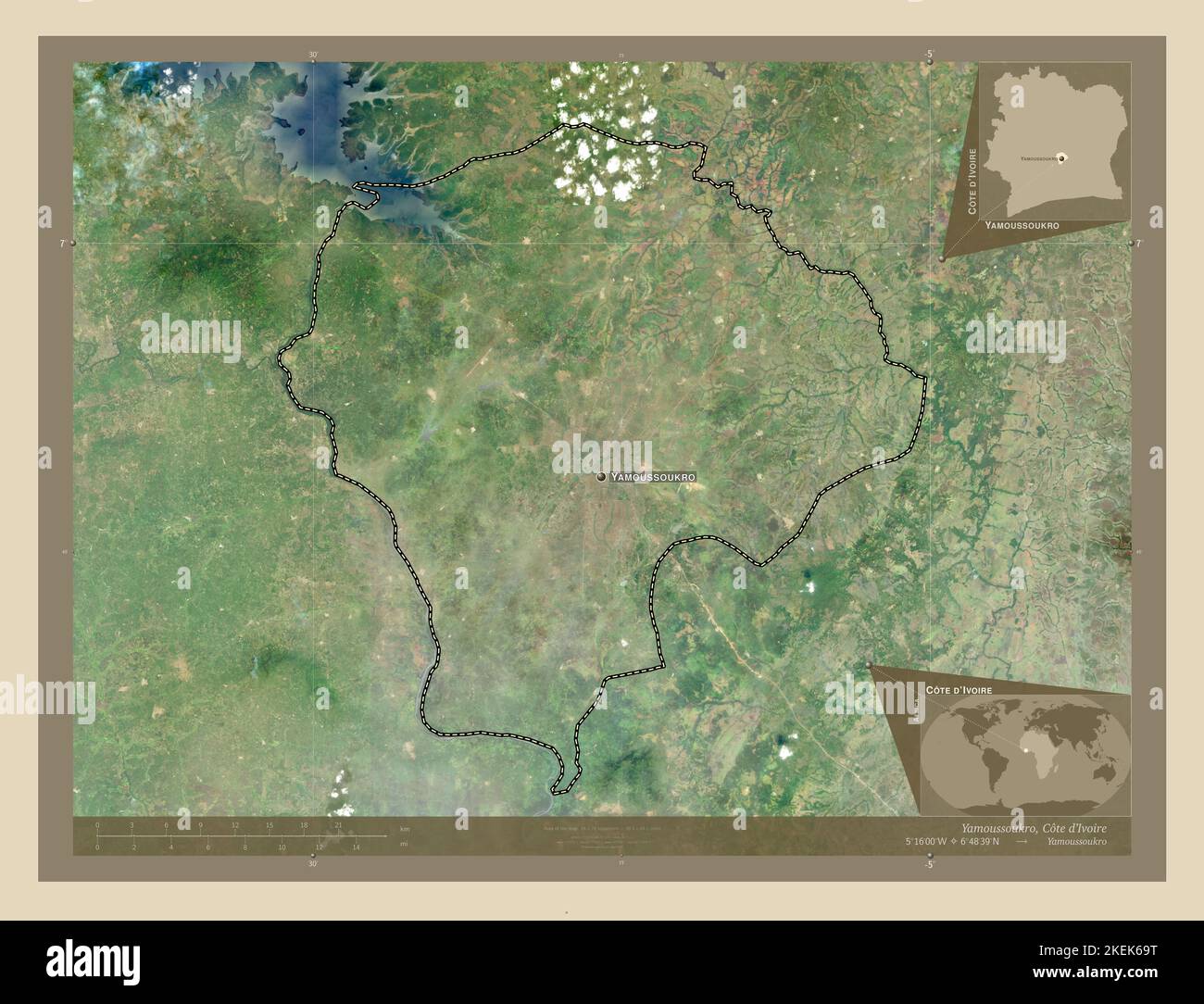 Yamoussoukro, district autonome de Côte d'Ivoire. Carte satellite haute ...