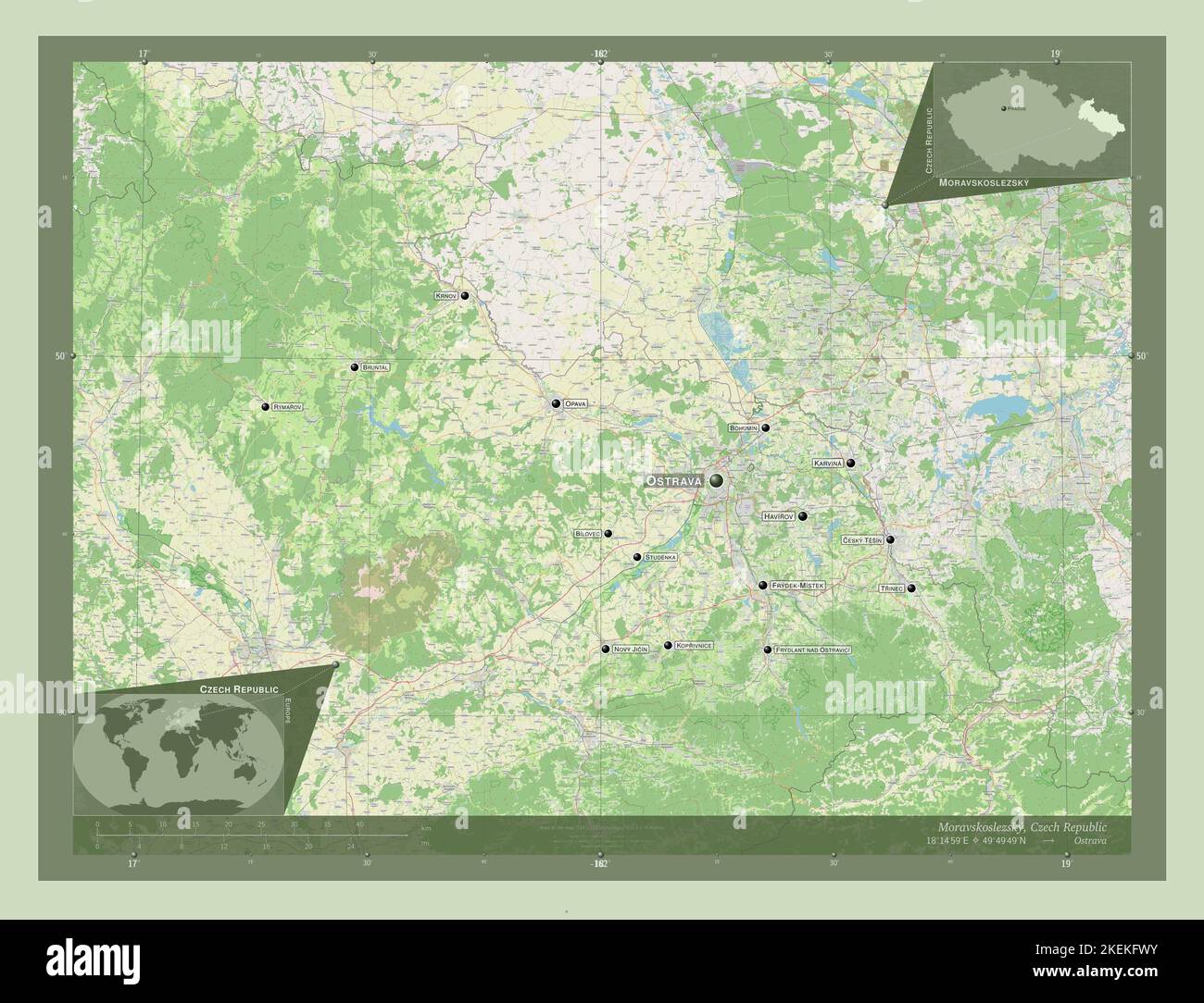 Moravskoslezsky, région de la République tchèque. Ouvrez la carte des rues. Lieux et noms des ...