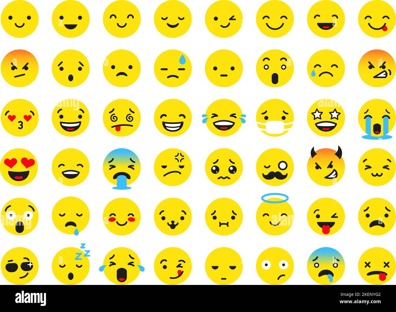 Plat jaune visages divers émotionnels. Smiley face, adorable émoticône de dessin animé isolé ...