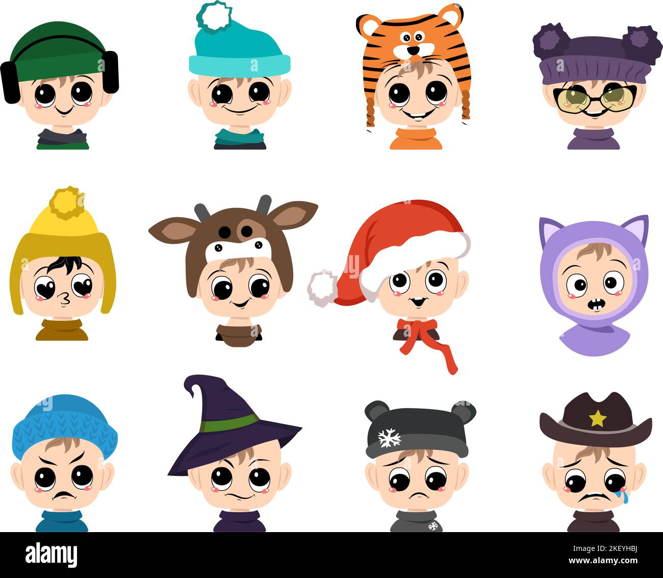 Ensemble d'enfants avatar avec de grands yeux et un large sourire et ...