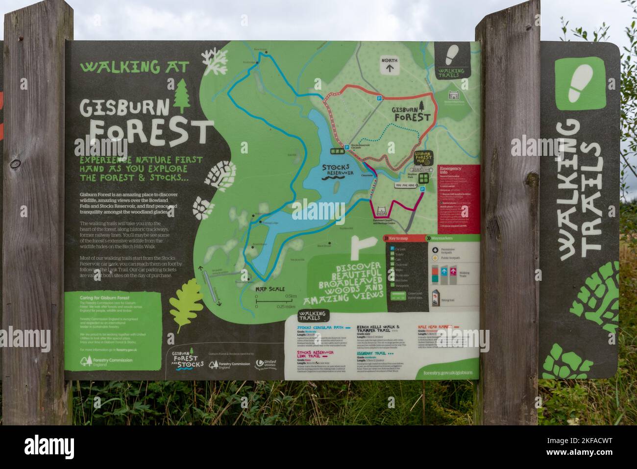Forêt de Gisburn. Forrest de Bowland, Clitheroe, Lancashire Royaume-Uni. Carte de la région ...