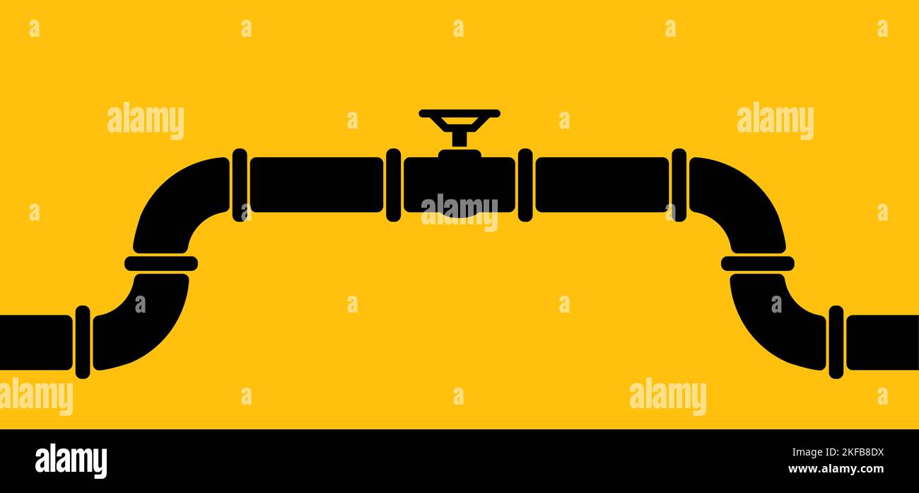Conduite d'eau, de pétrole ou de gaz avec raccords et vannes. Pipeline et robinet noir, ouvert ...
