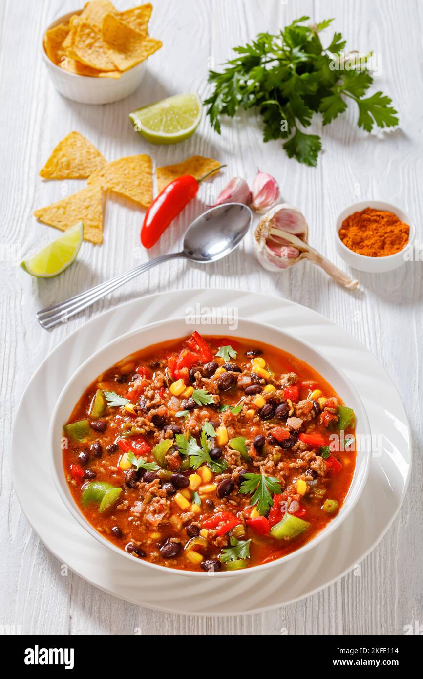 soupe de tacos de bœuf haché, tomates, piments verts hachés, oignons ...