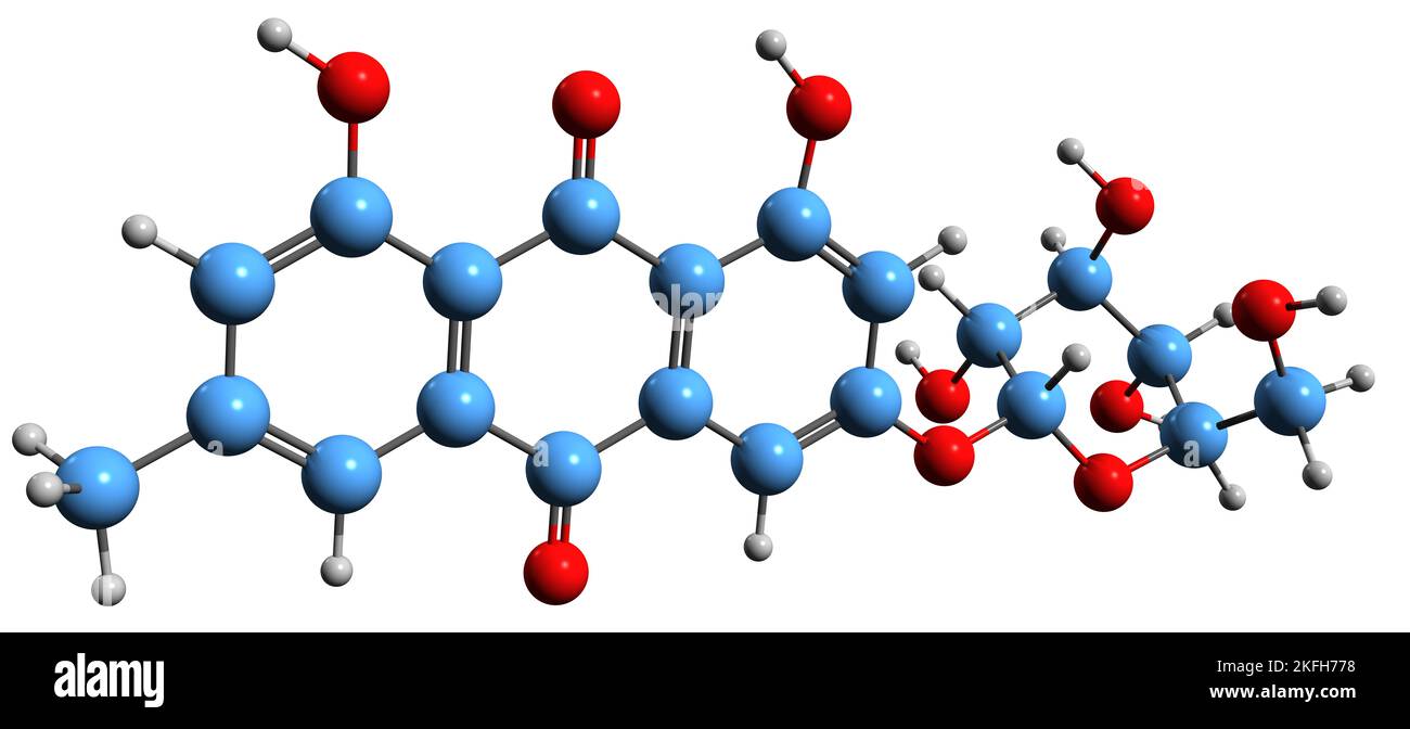 3D image de la formule du squelette glucoside de l'émodine-réum ...