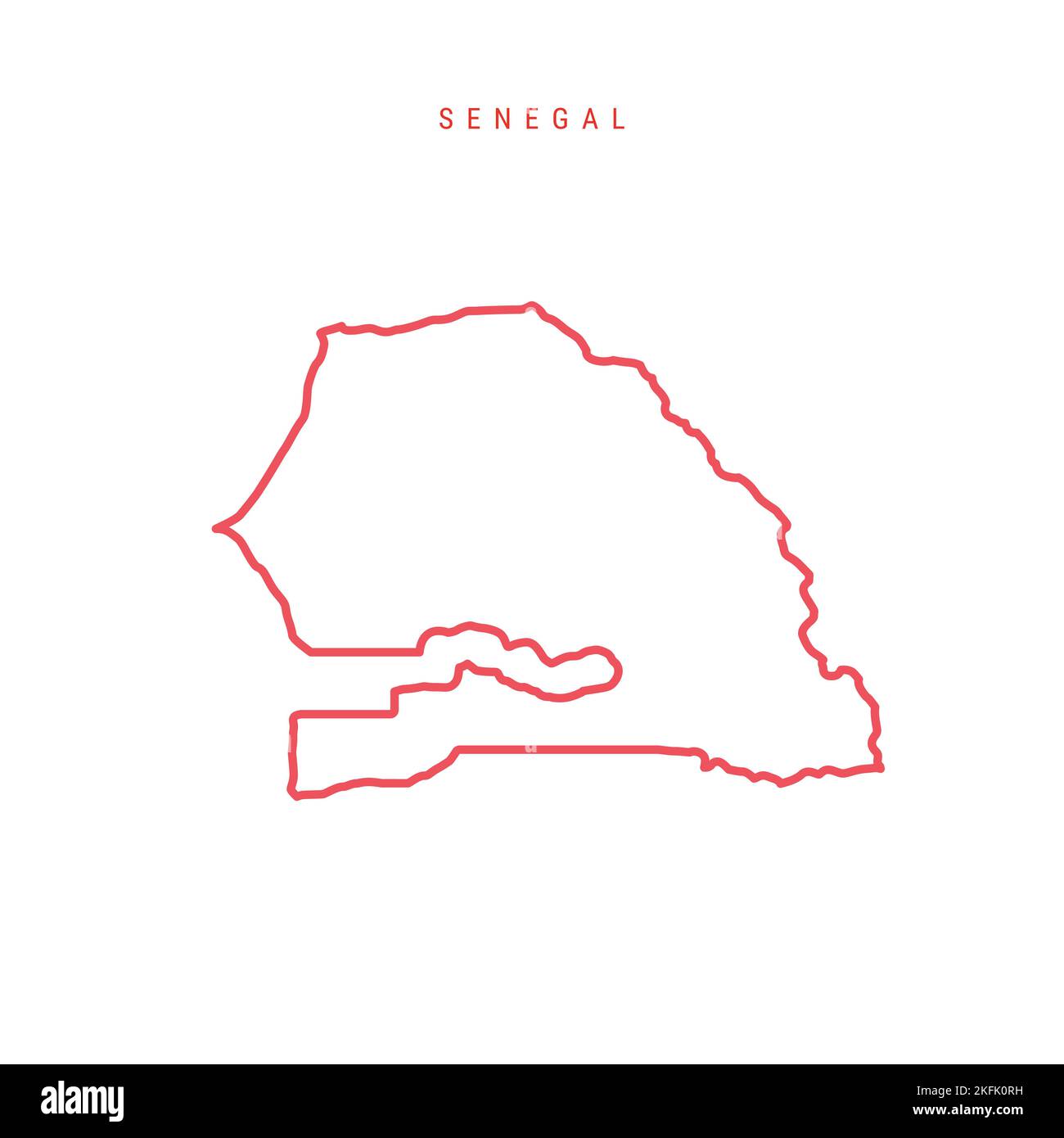 Carte du Sénégal en fine ligne. Frontière rouge sénégalaise. Nom du ...