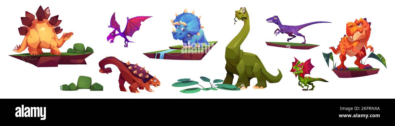 Ensemble isolé de personnages de dessin animé de dinosaure. Stegosaurus, tyrannosaurus ...