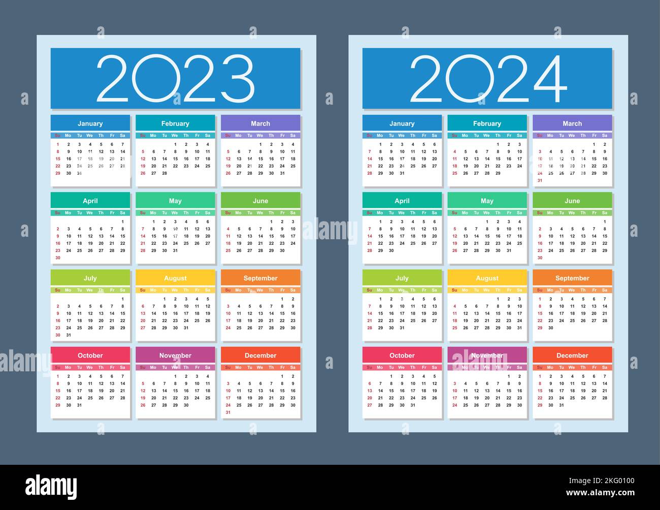 Calendrier coloré pour 2023, 2024 ans. La semaine commence le dimanche ...