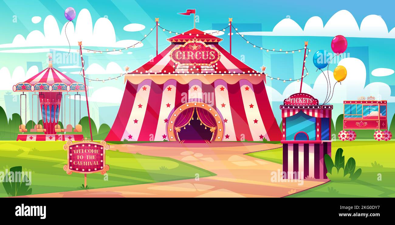 Parc de carnaval avec tente de cirque, carrousel à manège et kiosque en ...