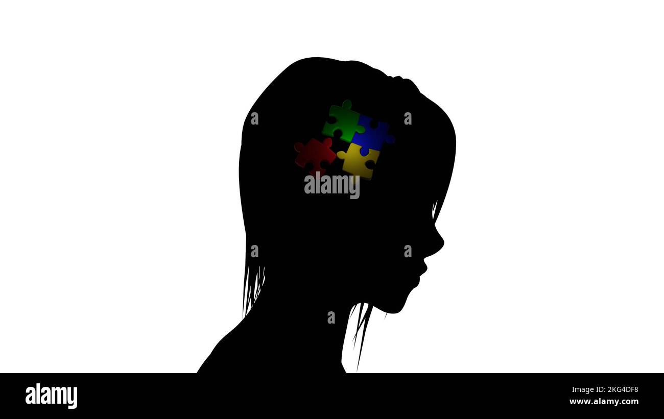 Silhouette de la tête d'enfant fille avec symbole de mosaïque d'autisme ...