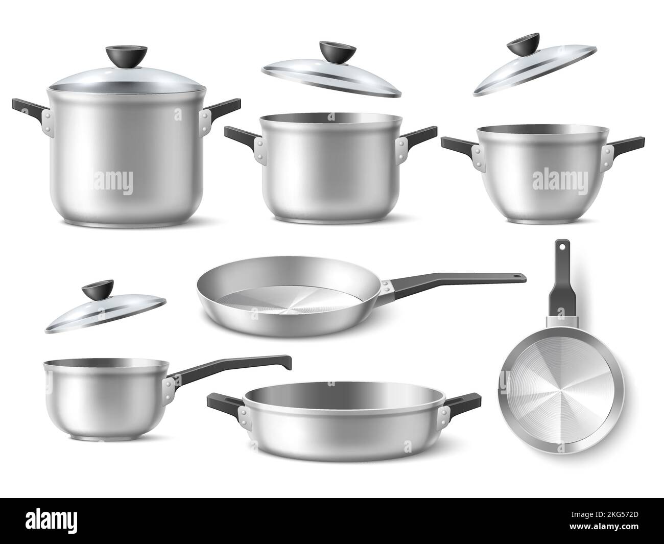 Casseroles et poêles réalistes. Articles de cuisine en métal brillant ...
