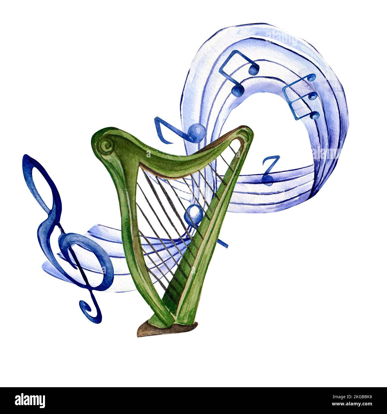 Fente d'aigus, notes musicales et illustration d'aquarelle de harpe sur ... Fente d'aigus, notes musicales et illustration d'aquarelle de harpe sur ...