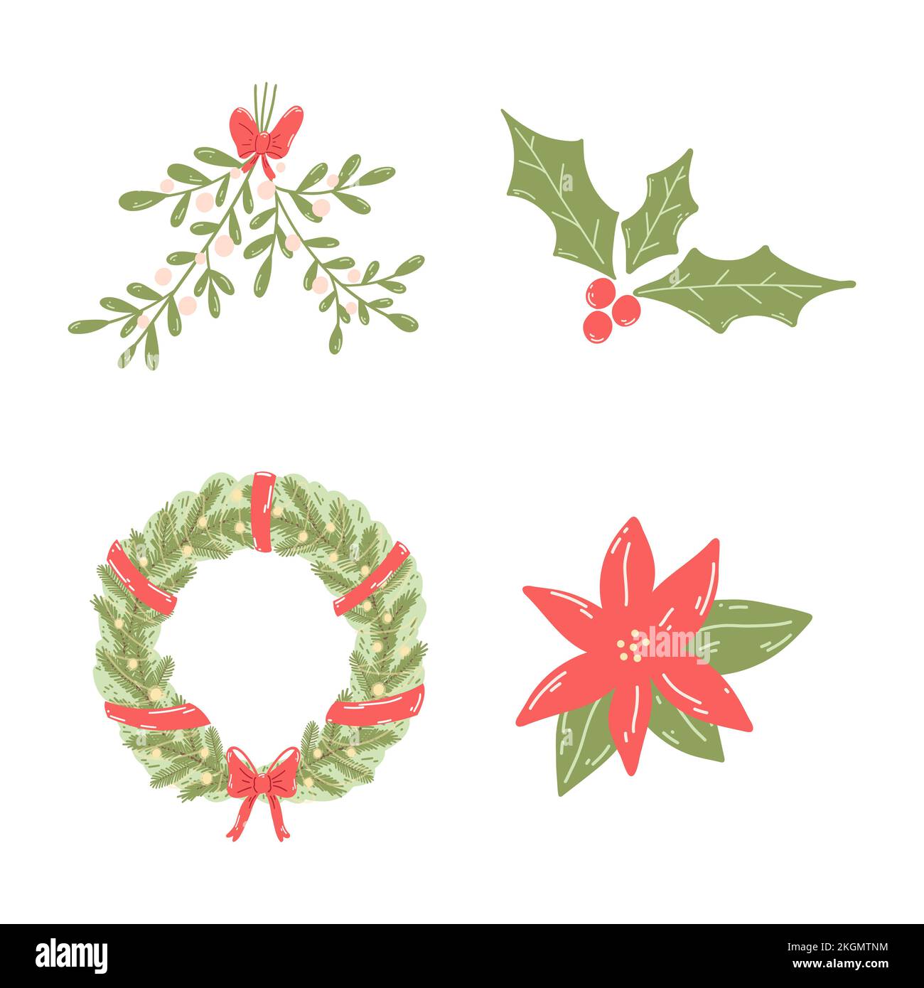 Symboles de couronne de Noël et du nouvel an, GUI, poinsettia, baies de houx dans un style de ...