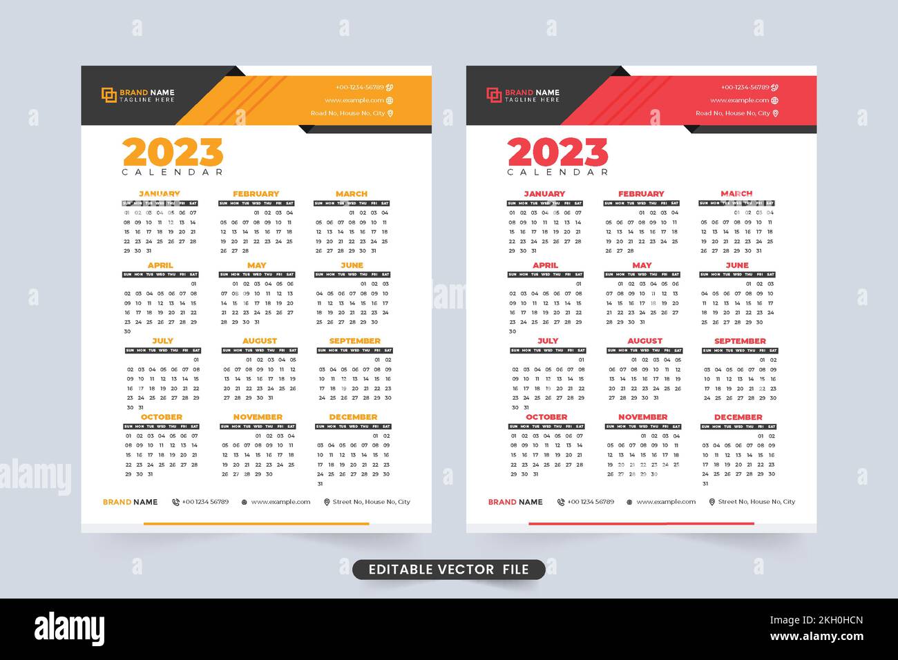 modèle de calendrier 2023 avec couleurs jaune et rouge. Calendrier ...