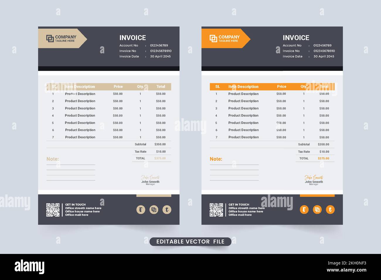 Modèle de facture professionnel de couleur orange et foncée. Vecteur ...