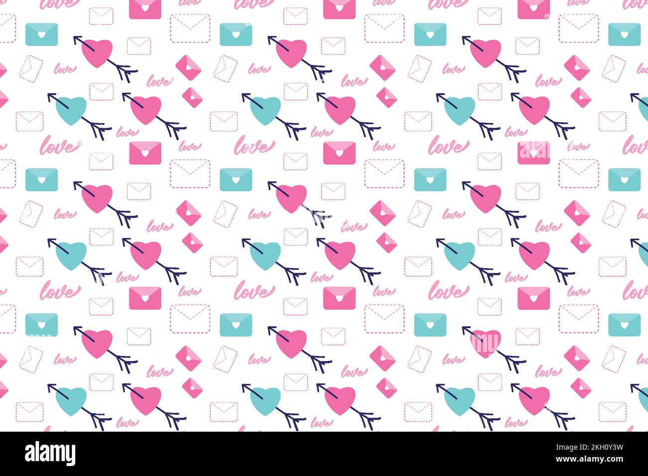 Joli motif d'amour avec des formes de coeur et des icônes d'enveloppe ...