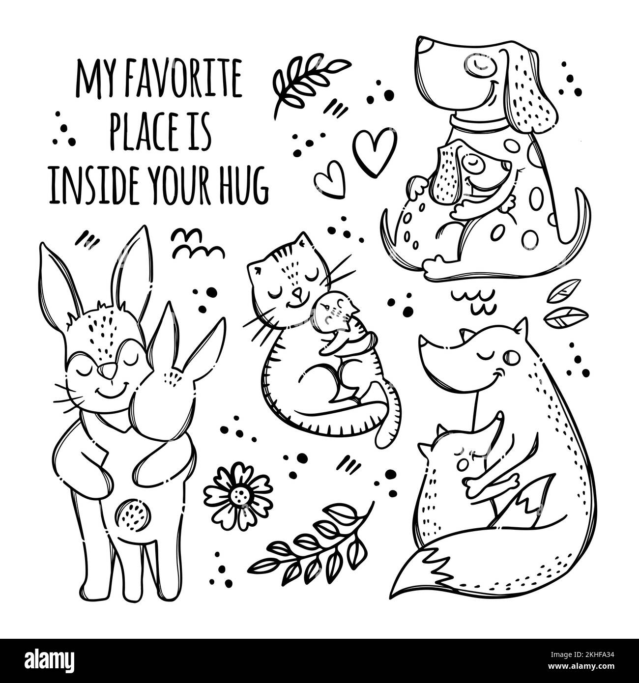FÊTE DES MÈRES Monochrome mignon animaux Hug leurs enfants relation ...