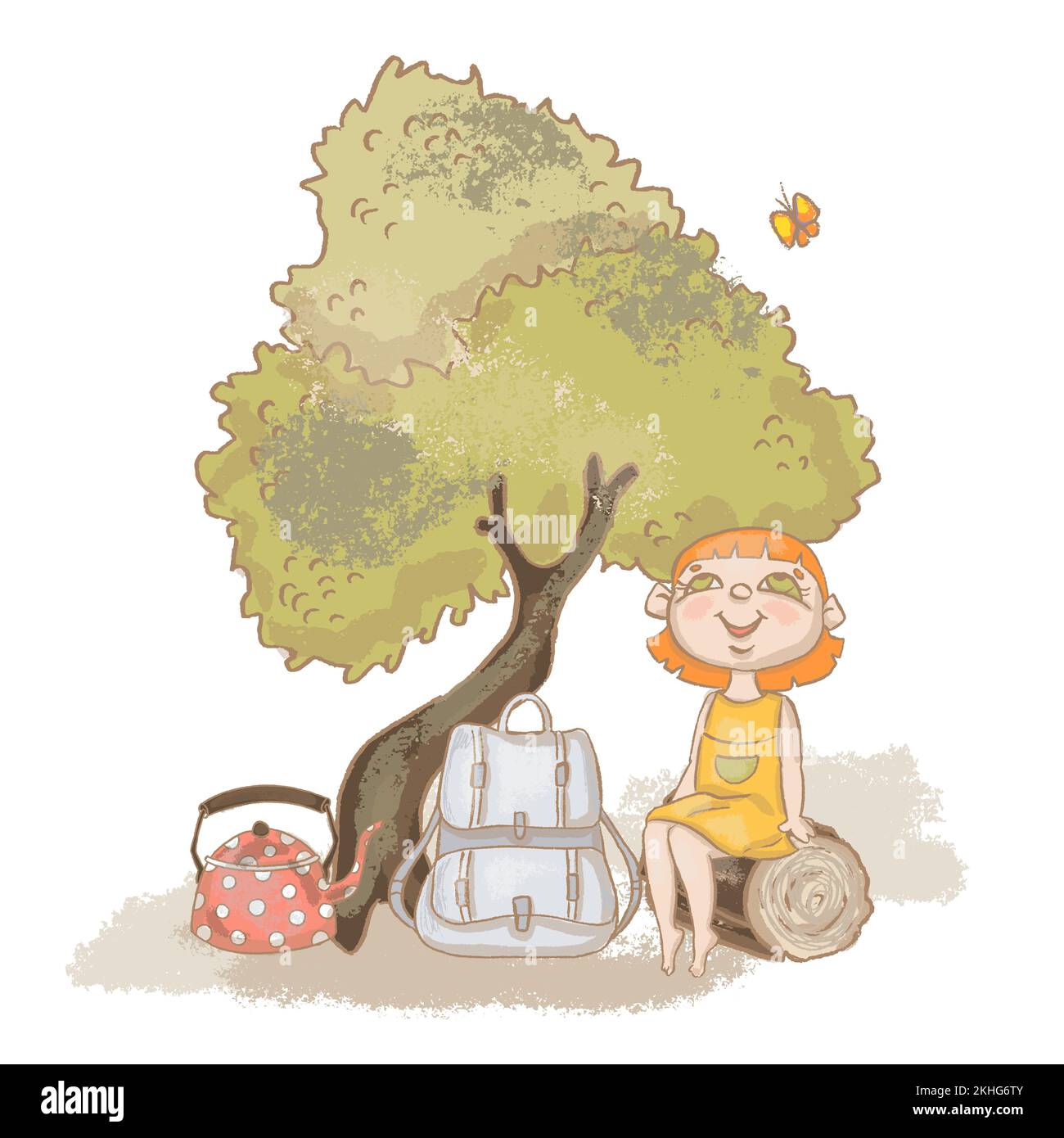 VOYAGE EN FORÊT repos de fille à la nature pique-nique Holiday dessin ...