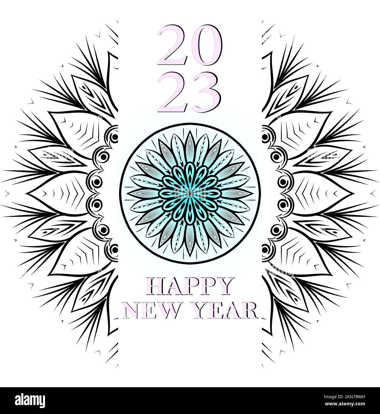 Carte ou poster du nouvel an 2023 avec art mandala isolé sur fond blanc, motif floral mandala ...