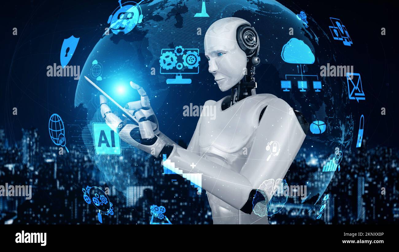 Robot hominoïde utiliser un téléphone mobile ou une tablette pour une ...