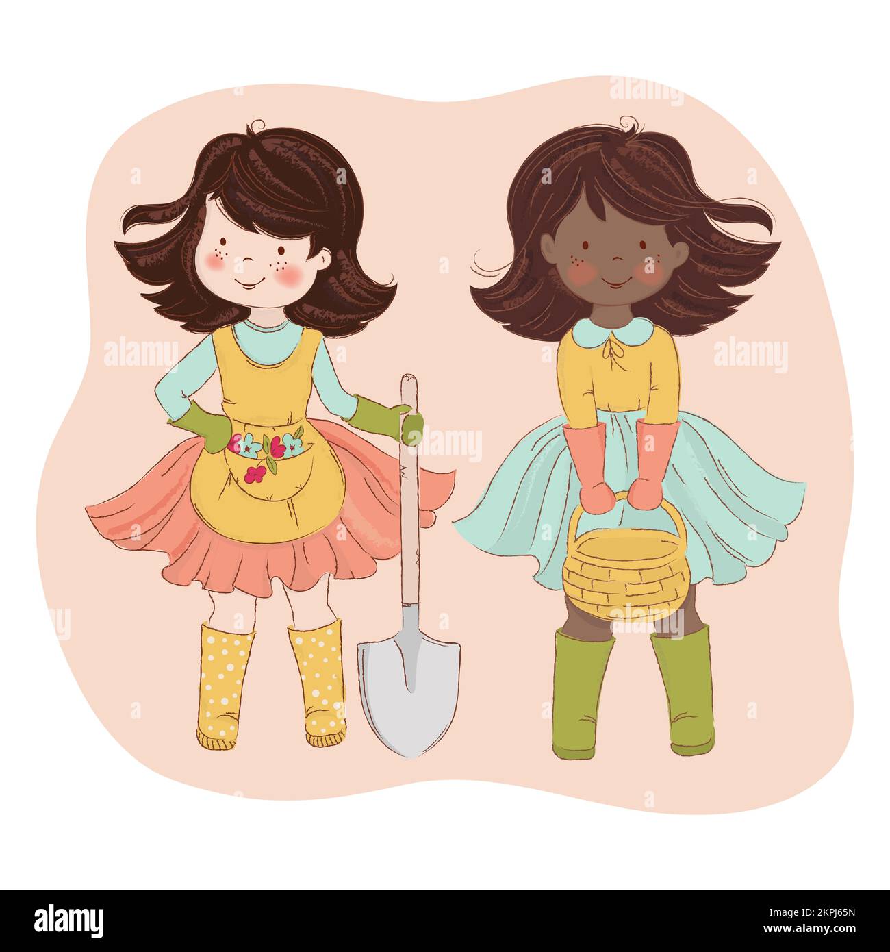 SPRING FRIENDS Two Women in Rubber Boots avec Une pelle et Un panier ...