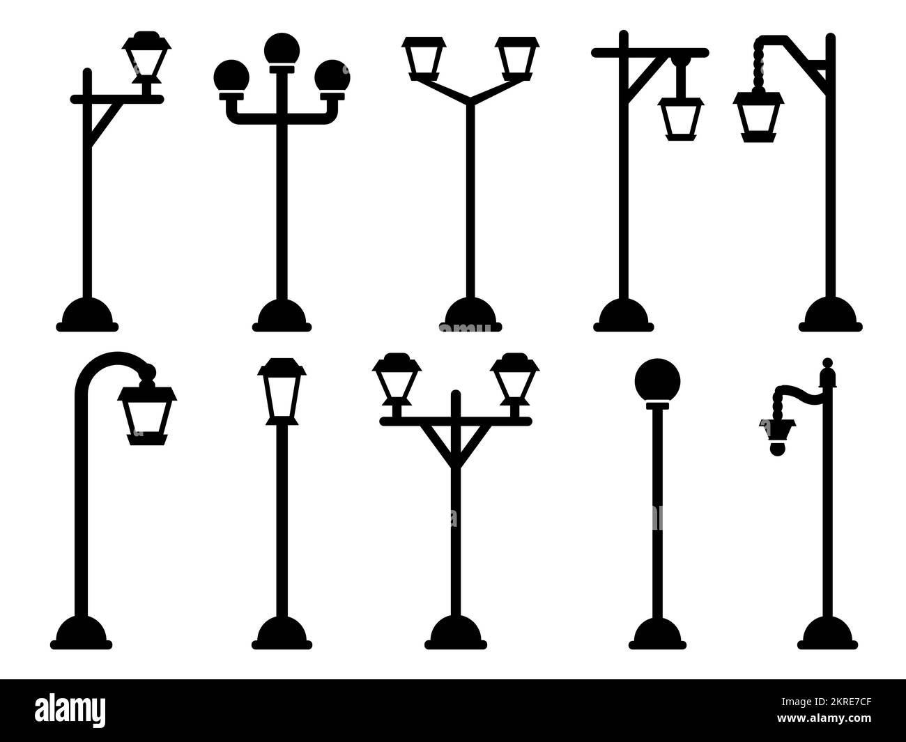 Lampadaire de rue lampadaire silhouette noire. Poteaux de lanternes de ...