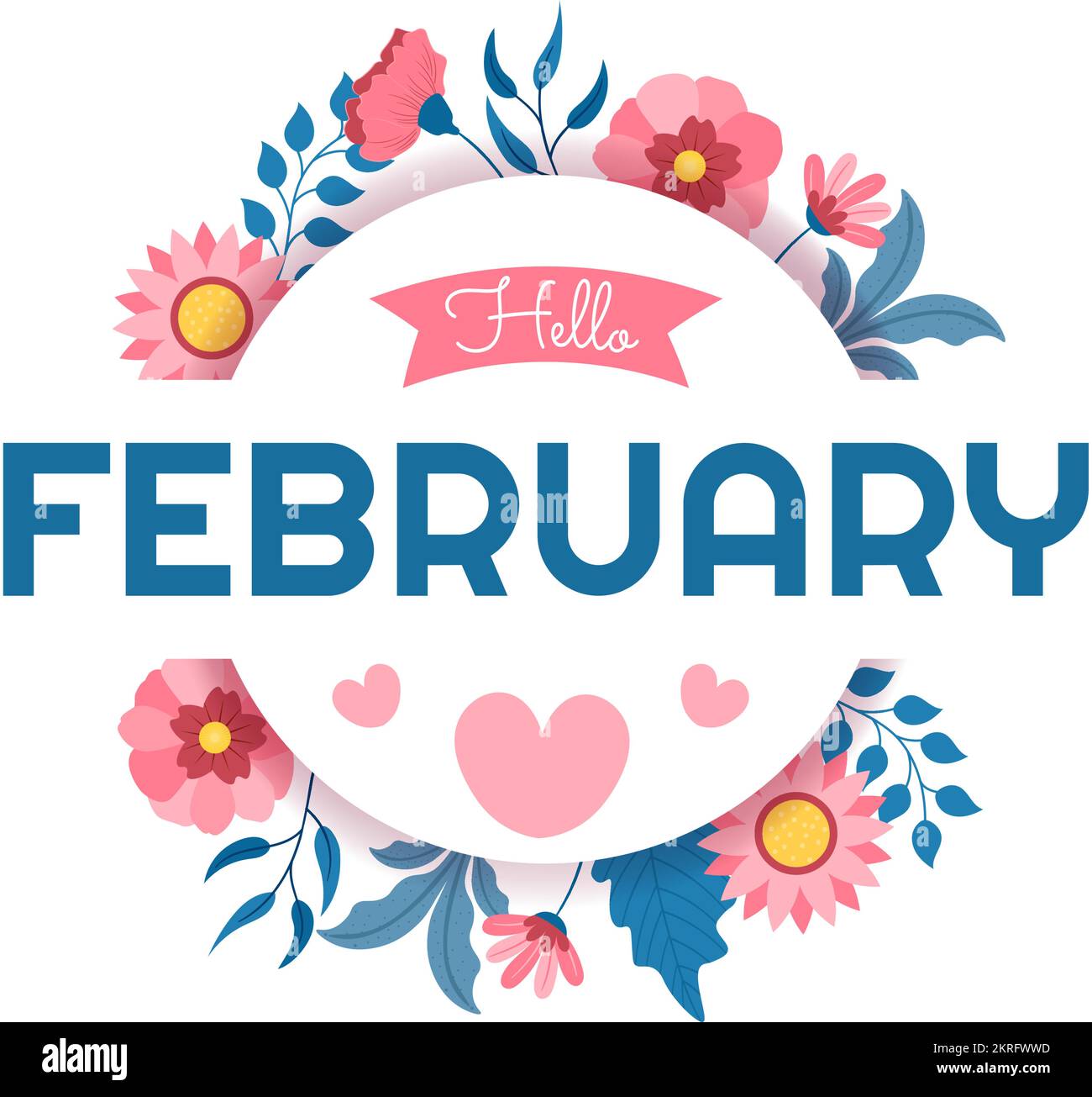 Bonjour février mois avec fleurs, coeurs, feuilles et joli lettrage ...