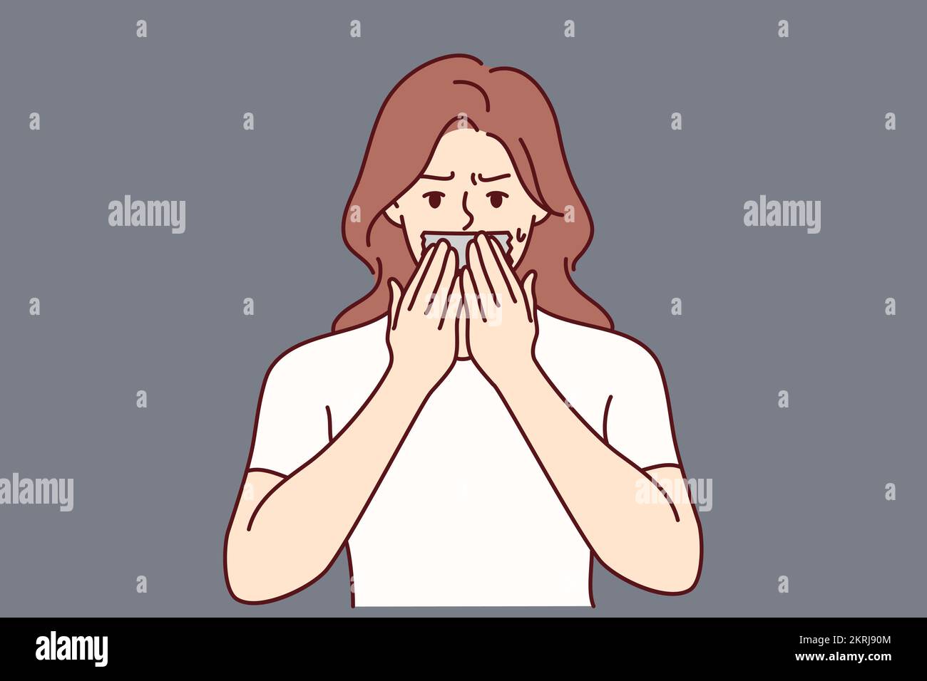 Une femme inquiète qui a mis de la bande sur la bouche lutte contre la ...