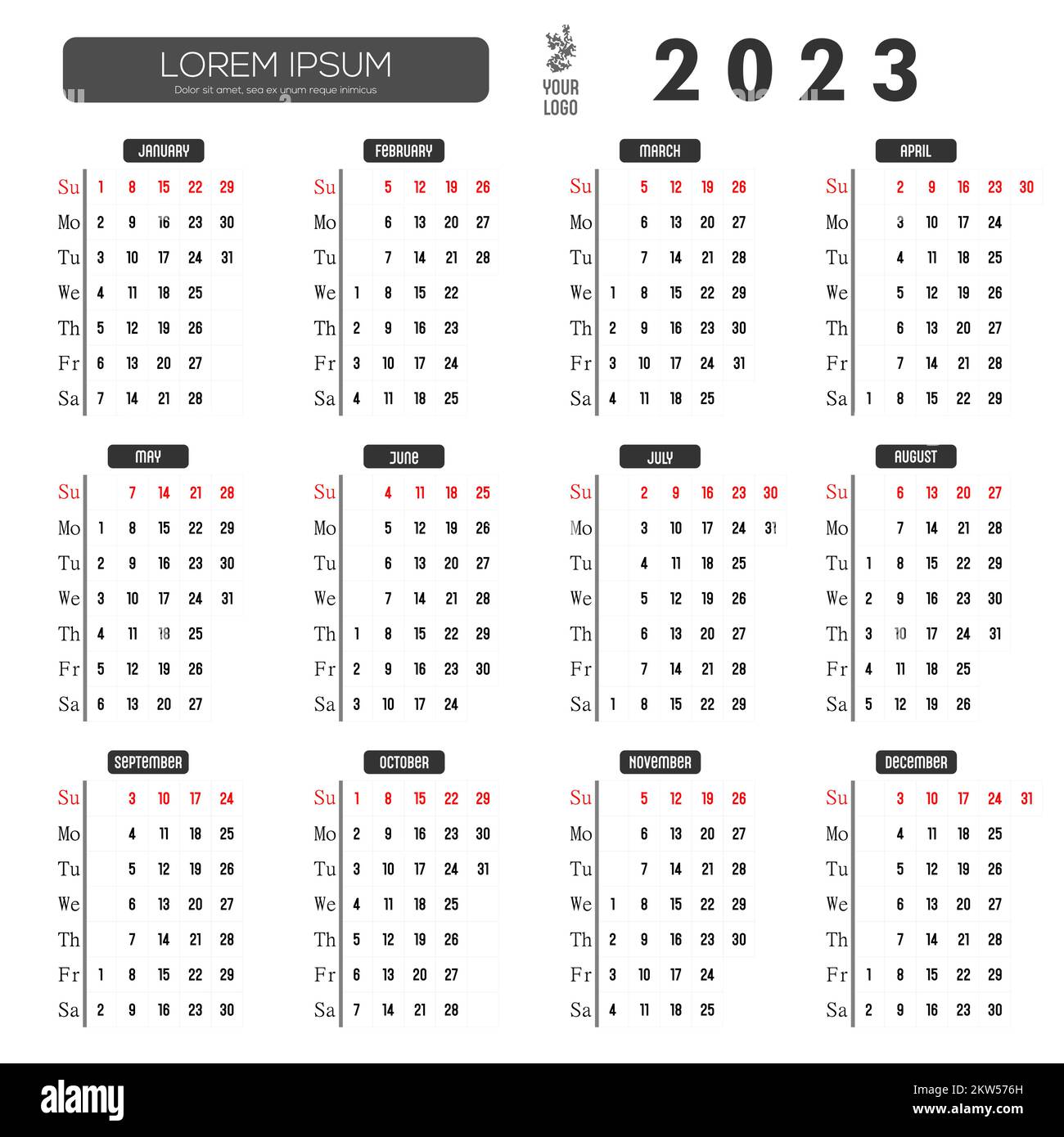 Calendrier en anglais pour 2023, les jours de la semaine sont situés à ...