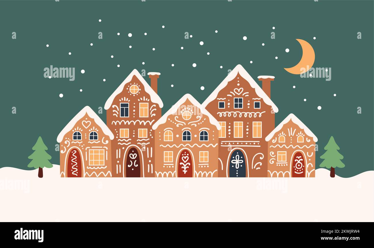 Maison de pain d'épice scène de noël. Illustration vectorielle mignonne de style dessin animé ...