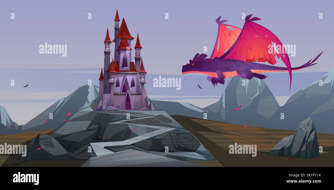 Château de conte de fées et dragon volant avec des ailes rouges dans la ...