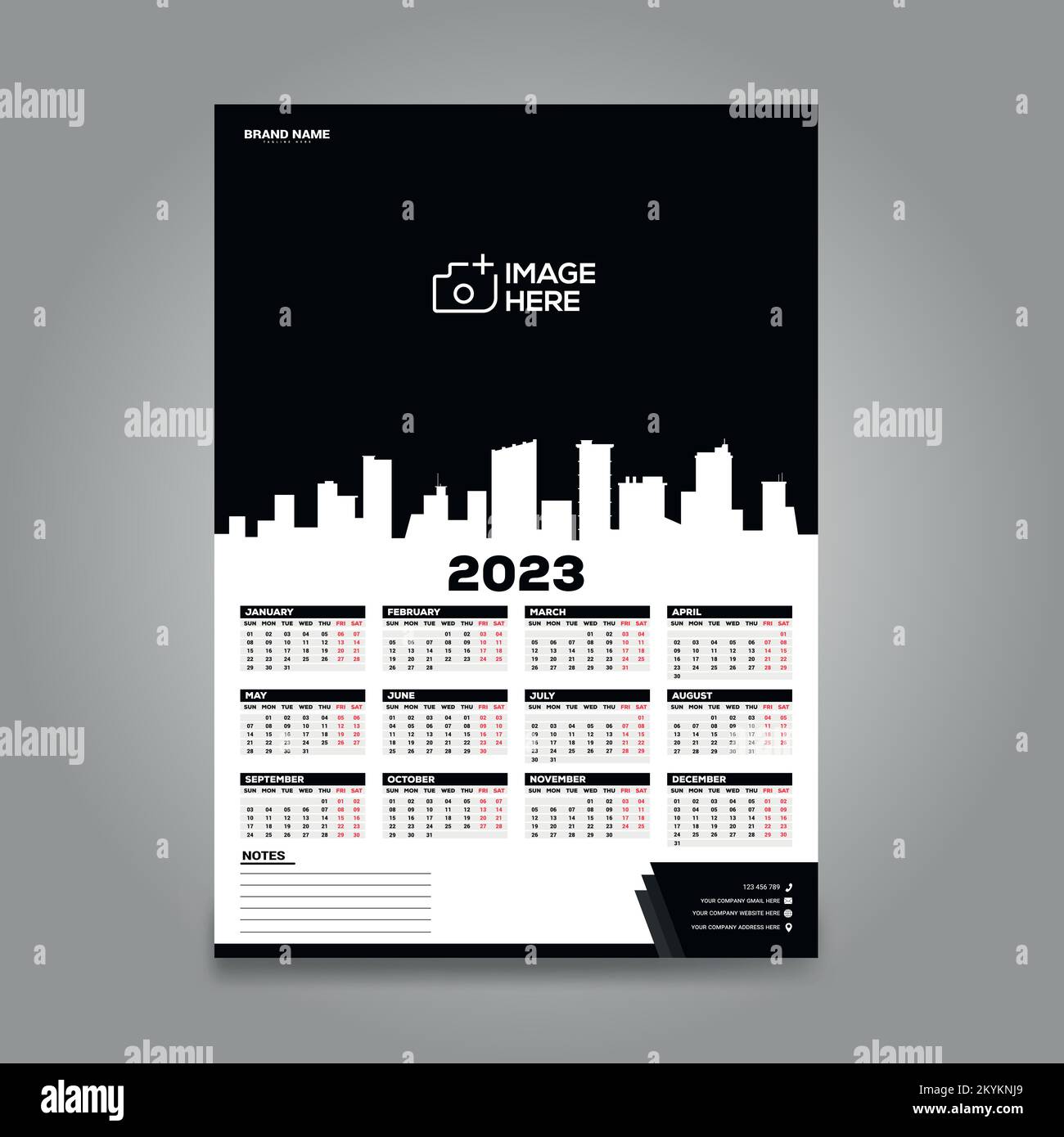 modèle de conception de calendrier 2023. La semaine commence le dimanche. Ensemble de 12 mois ...
