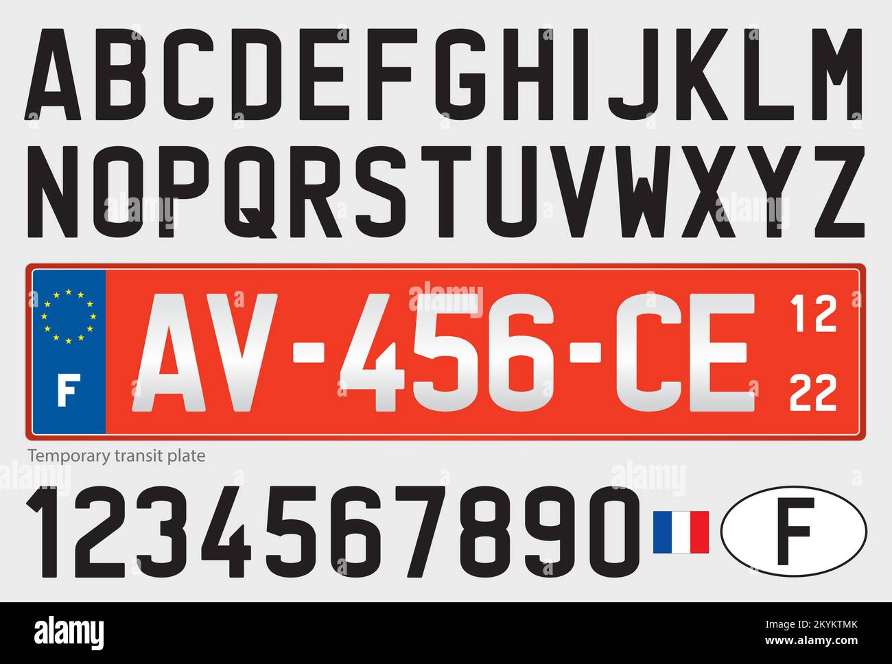 Plaque d'immatriculation de transit temporaire de France avec chiffres et lettres, rouge ...