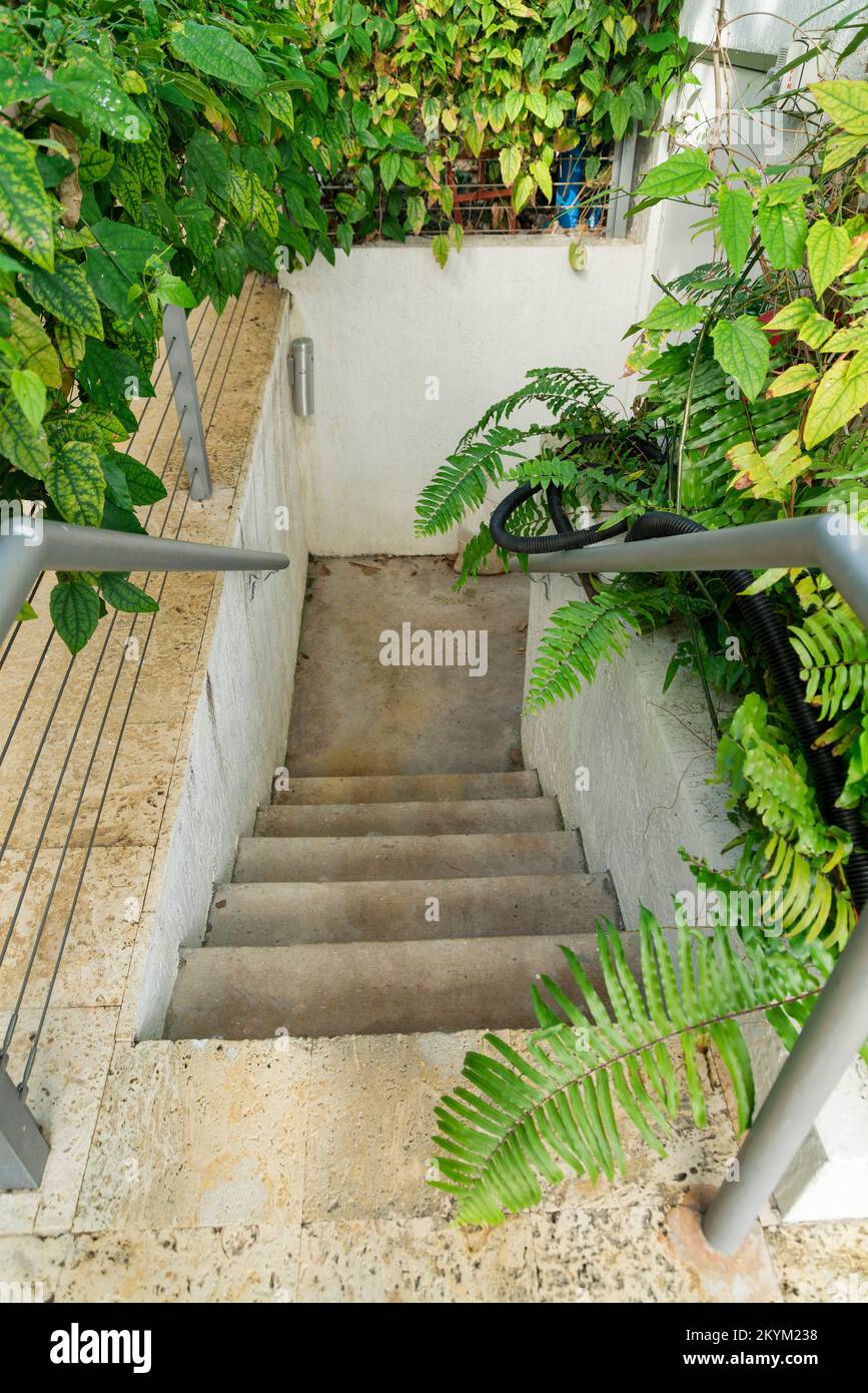 Escalier en béton avec vue sur le palier et les mains courantes depuis ...