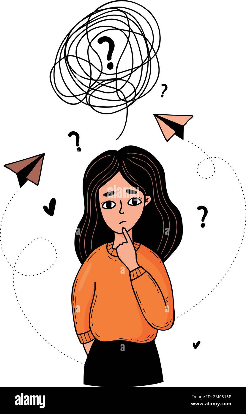 Portrait réfléchi confus fille, pensées confuses et enchevêtrement avec point d'interrogation ...