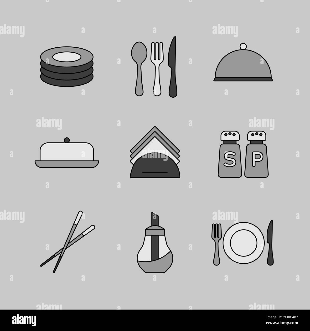 Ensemble d'icônes de niveaux de gris vectoriels du restaurant. Panneau ...