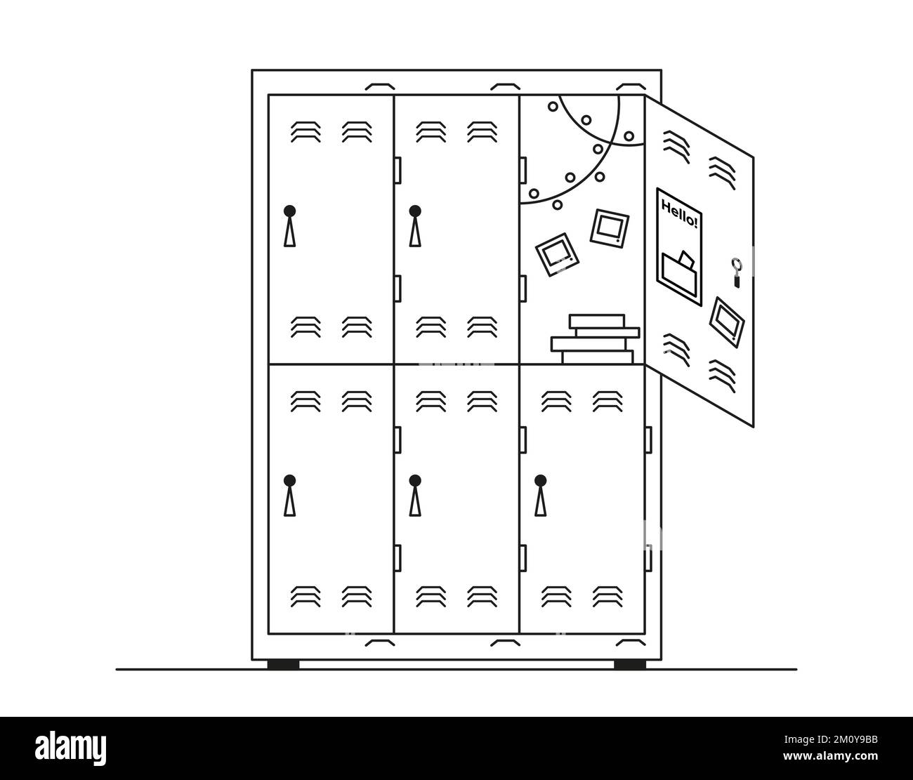 Cinq casiers scolaires fermés et un dessin ouvert en style art de ligne ...