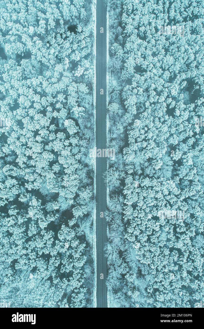 Vue aérienne de la route à travers le paysage de forêt bleu neige en ... Vue aérienne de la route à travers le paysage de forêt bleu neige en ...