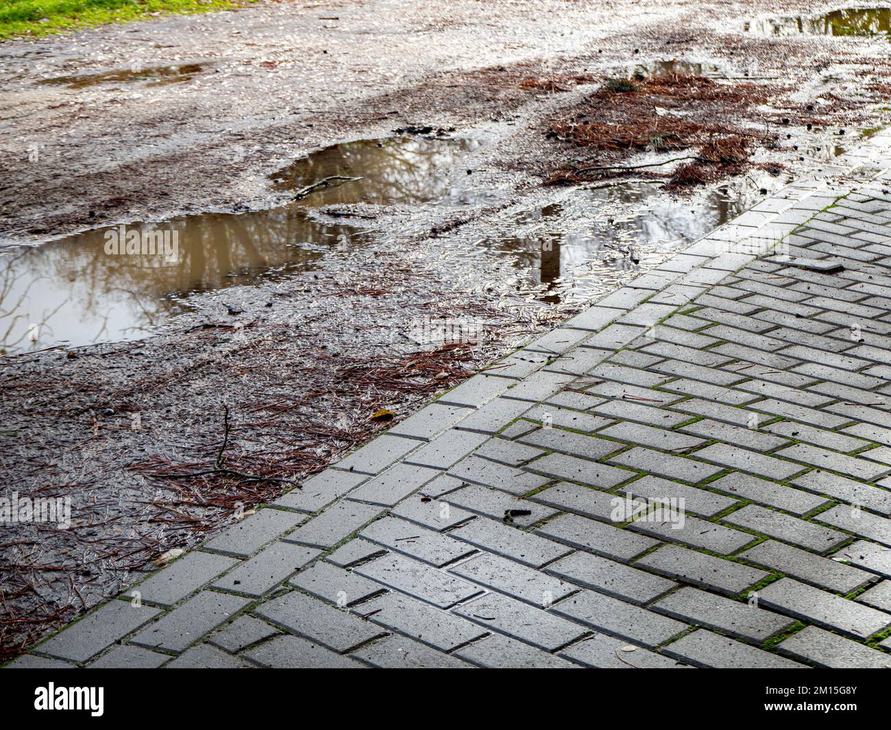 flaques dans un nid d'poule sur une route après une tempête de pluie ...