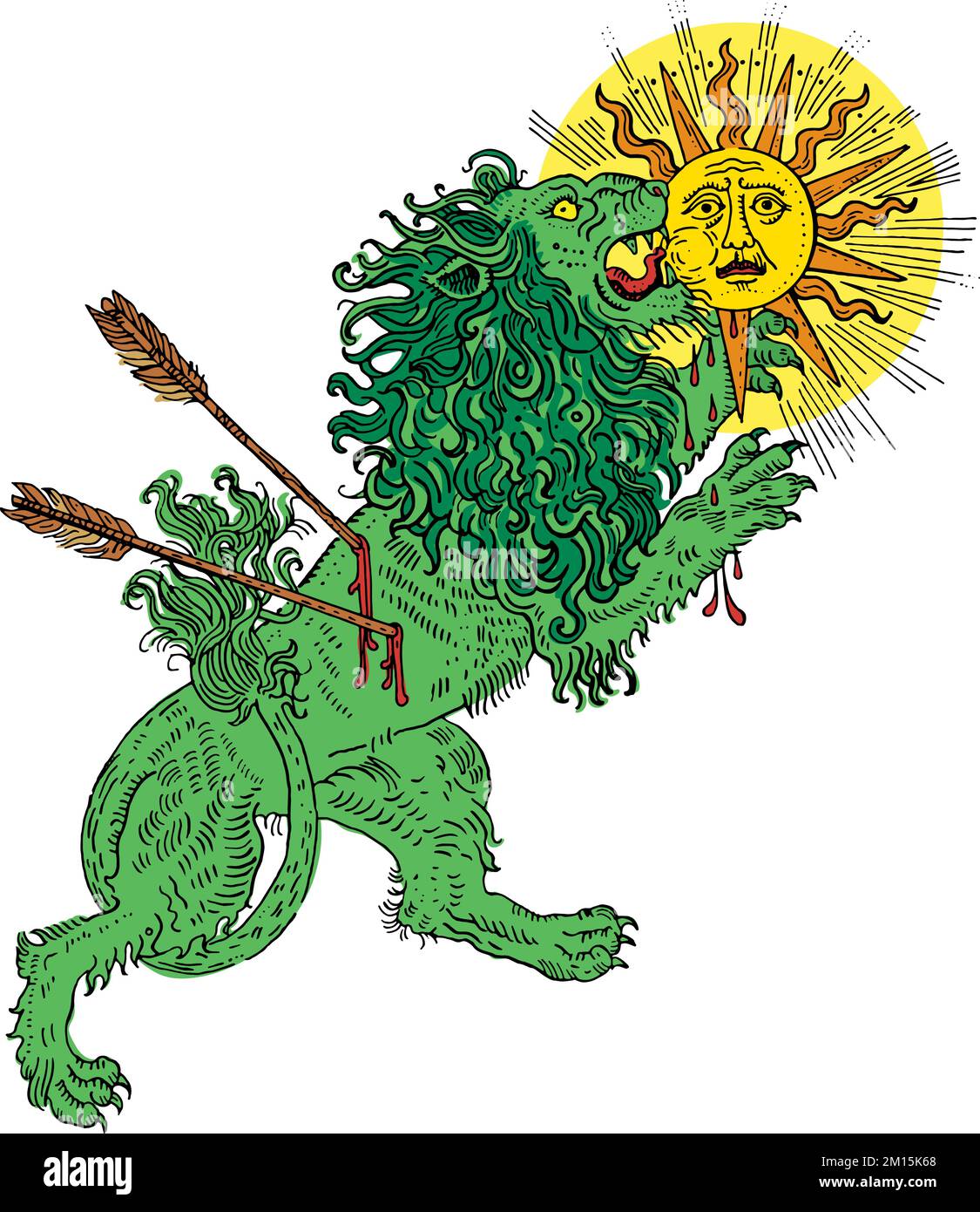Symbole alchimique lion vert dévorant le soleil. Mercure consommant de ...