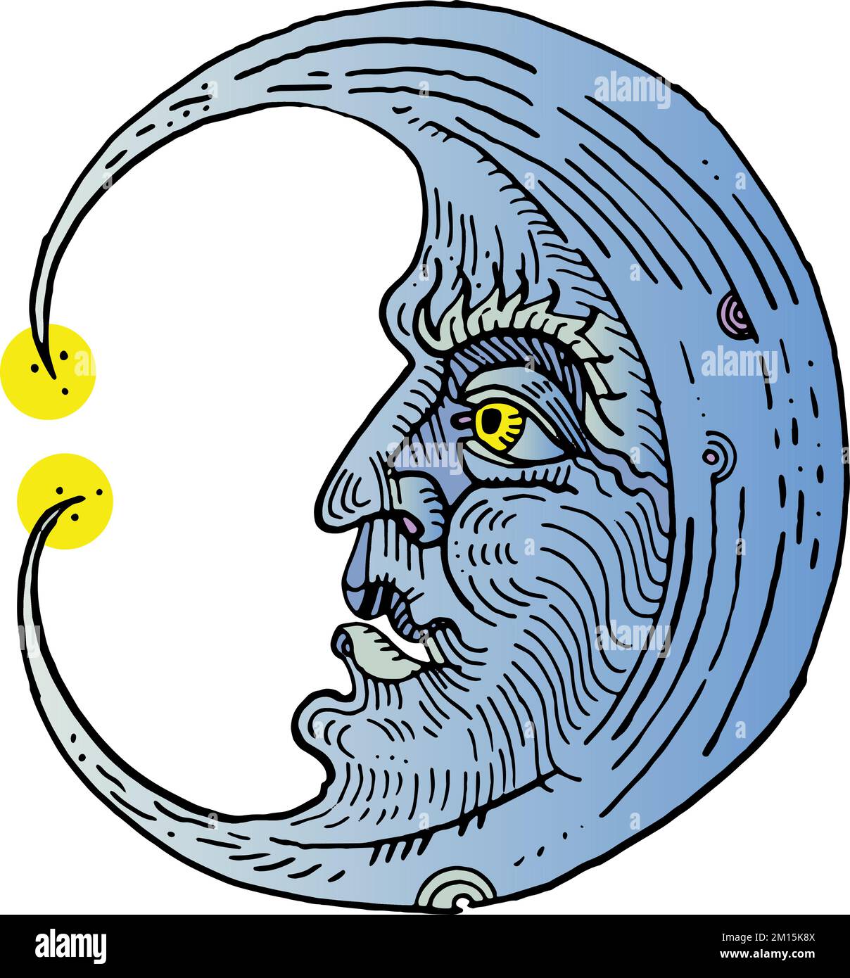 Croissant de lune vintage avec un visage. Gravure tirée à la main ...