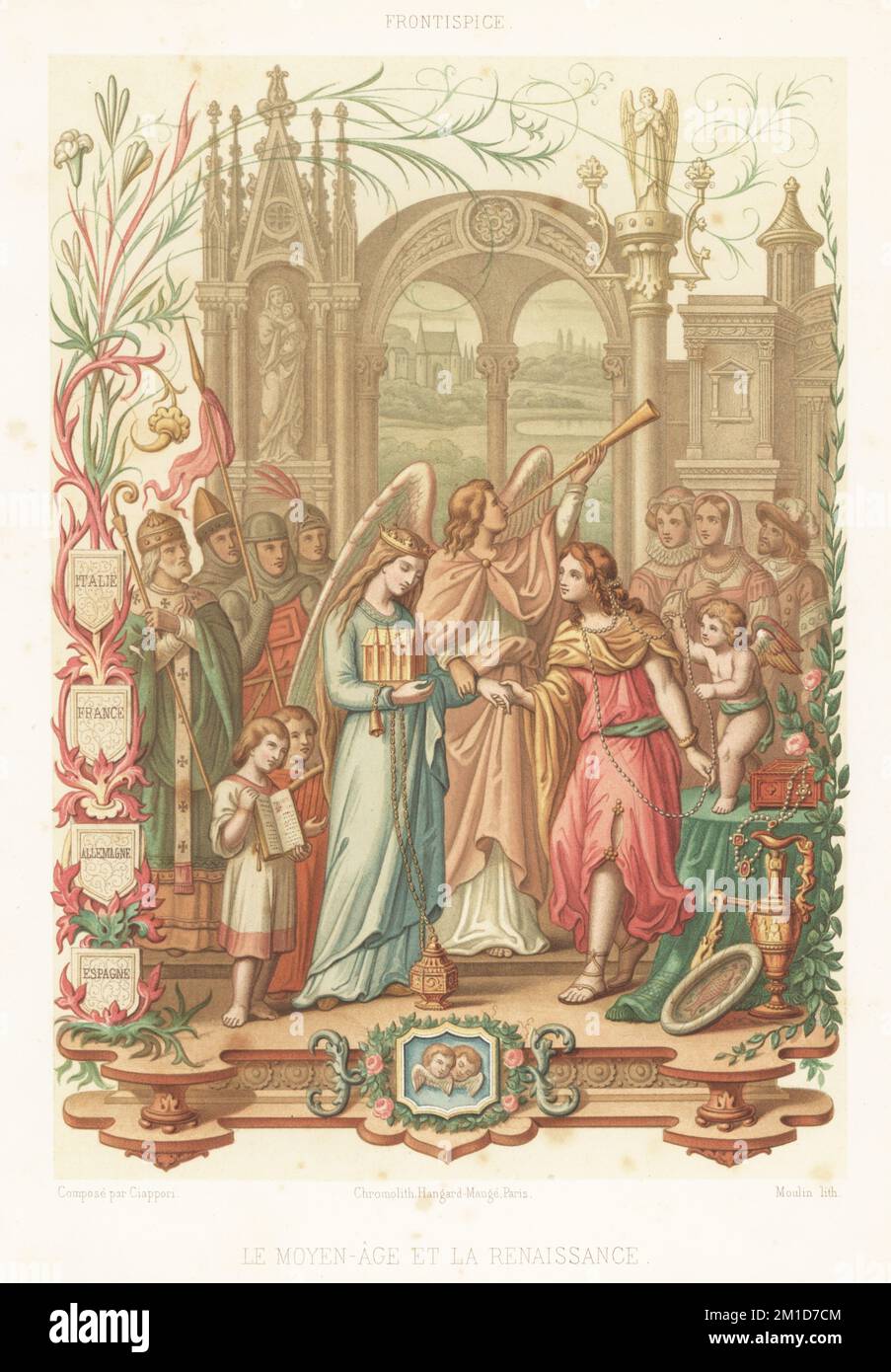 Figures allégoriques du Moyen-âge et de la Renaissance. Une dame en couronne tenant une ...