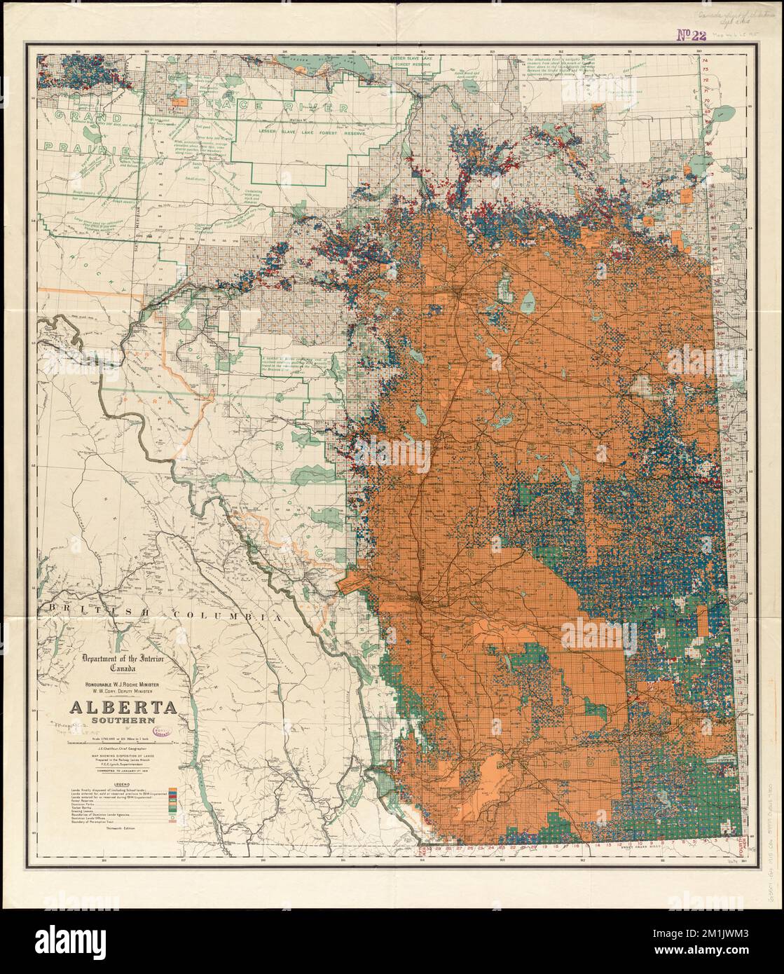 Alberta, sud : carte montrant la disposition des terres, utilisation ...