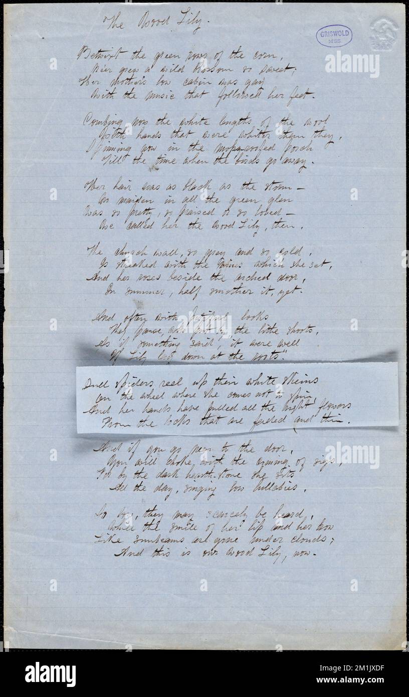 Alice Cary manuscrit poème: 'The Wood Lily.' , Littérature américaine ...