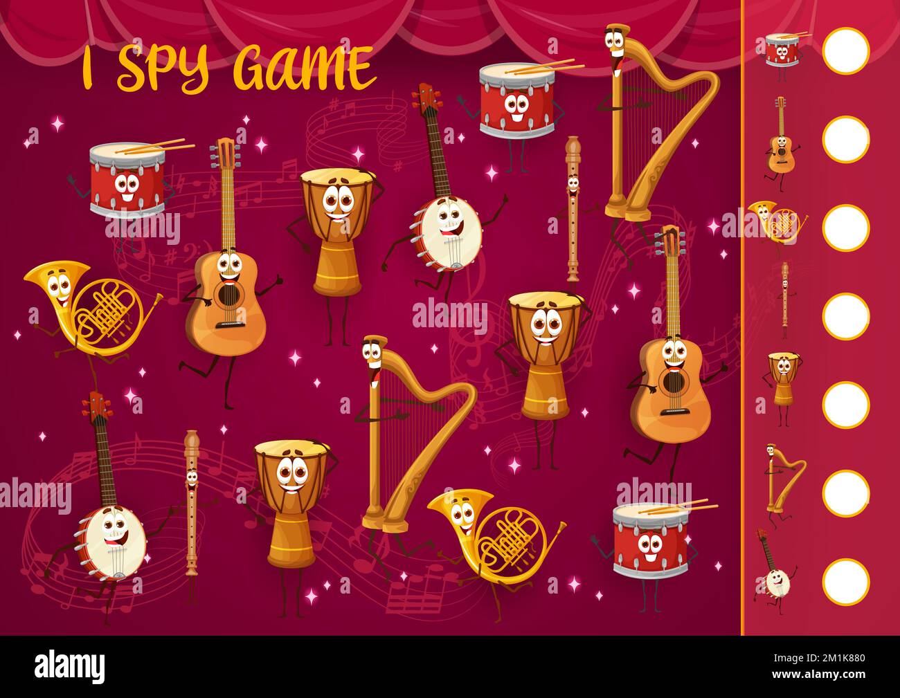 I Spy Game Worksheet. Personnages d'instruments de musique de dessin ...