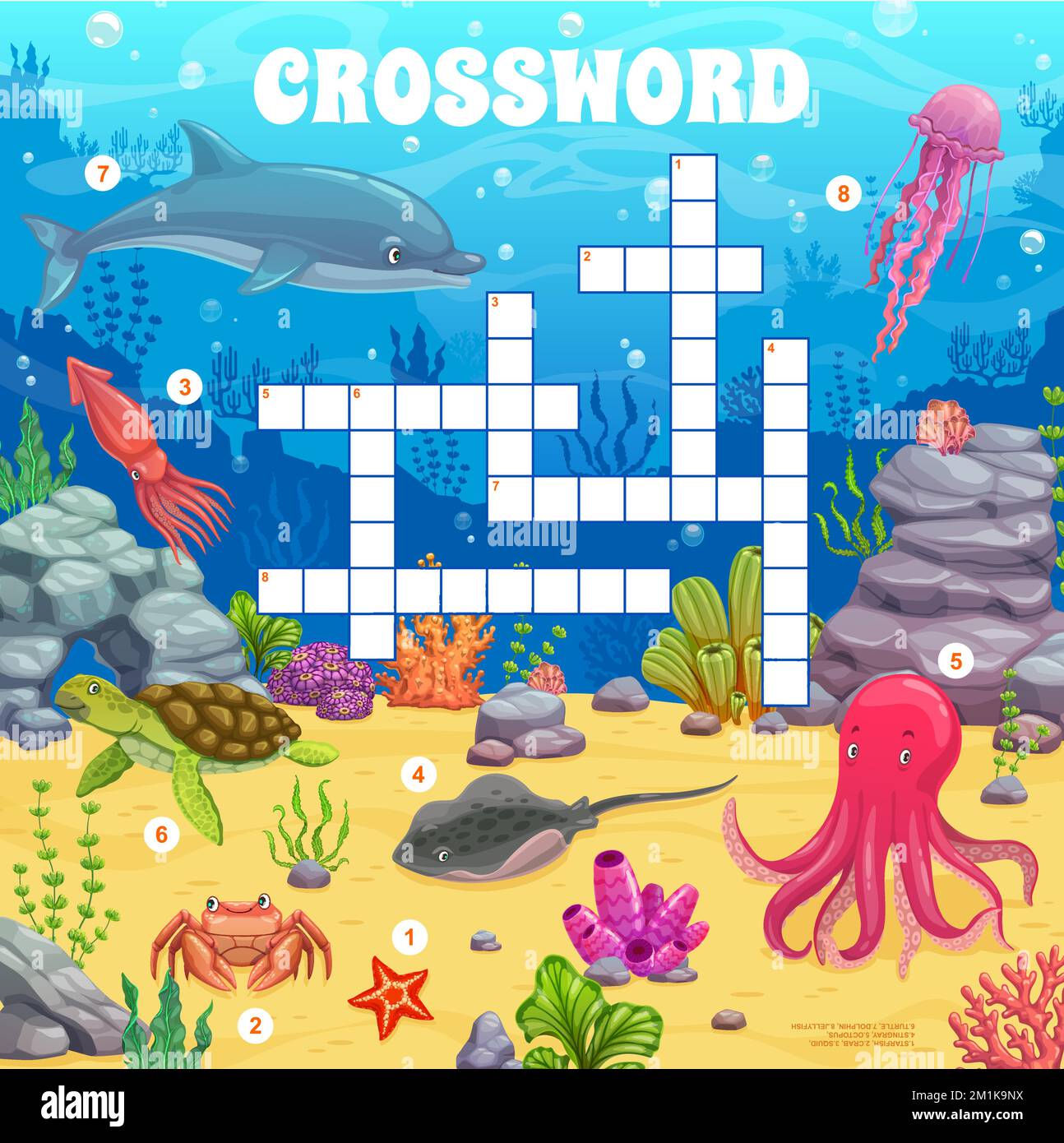 Grille de jeu de quiz de mots croisés. Dessins animés paysage sous ...