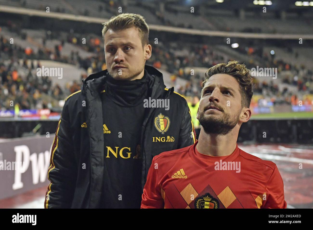 Belgium's goalkeeper Simon Mignolet and Belgium's Dries Mertens ...
