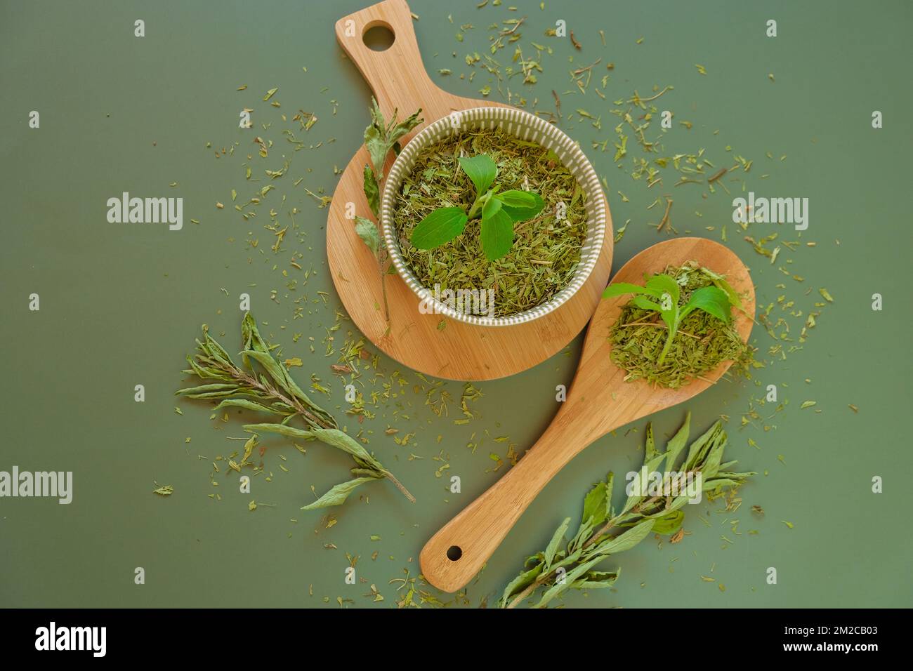 Rameaux verts de stévia dans une tasse ronde et une cuillère en bois ...