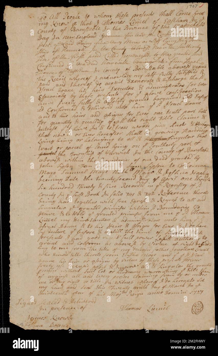 Acte de propriété à Harwich vendu à Israel Doane par Thomas Linnel de ...