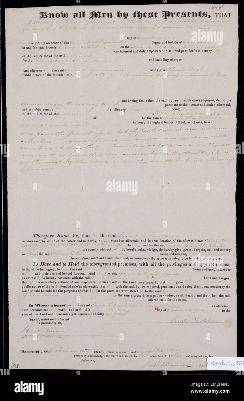Acte de propriété à Orléans vendu à Franklin Hopkins d'Orléans par Sarah Hopkins d'Orléans ...