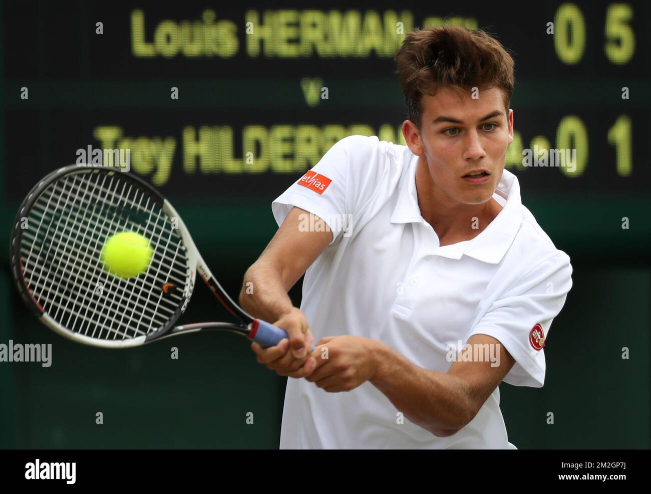 Belge Louis Herman photographié en action lors d'un match de tennis ...